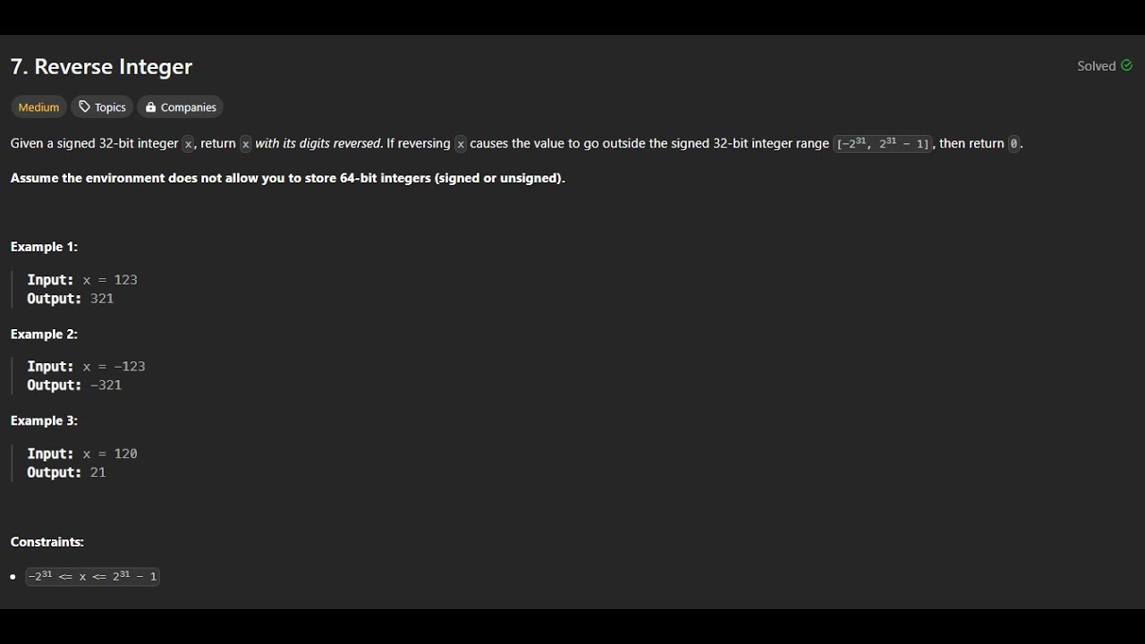 Leetcode 7 Reverse Integer Youtube