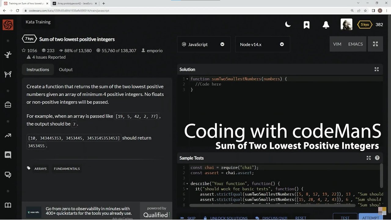 Codewars 7 Kyu Sum Of Two Lowest Positive Integers Javascript Youtube