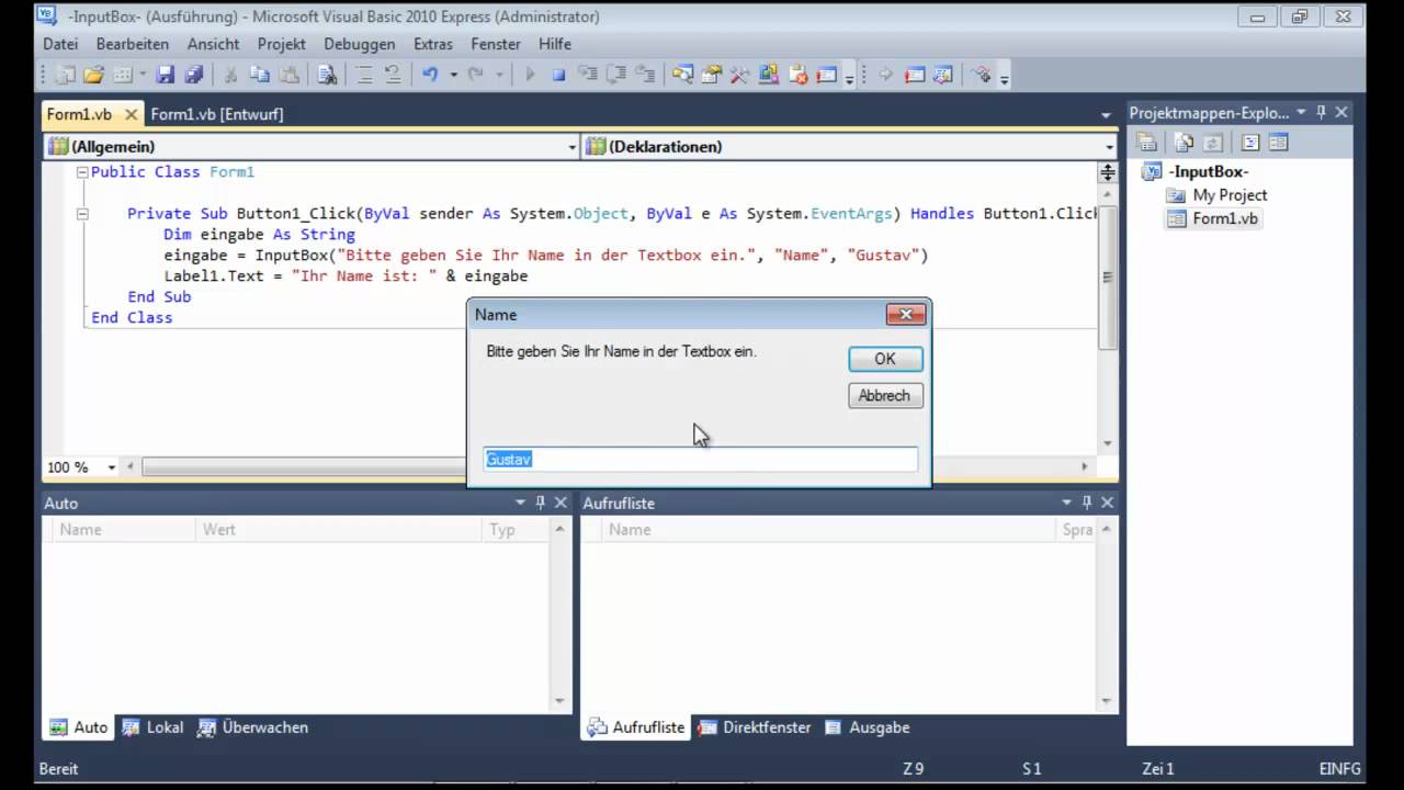 Inputbox Mit Visual Basic 2010 Youtube