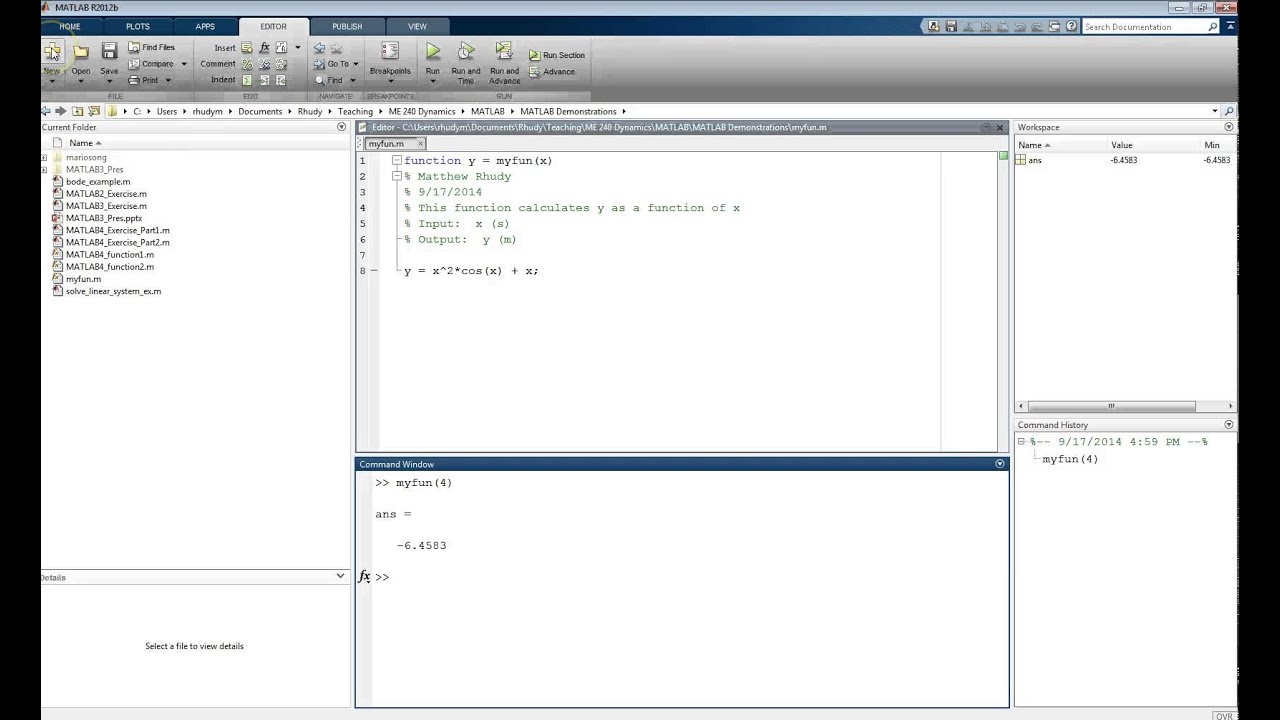 Matlab Tutorial Lesson 04a Defining A Simple User Defined Function
