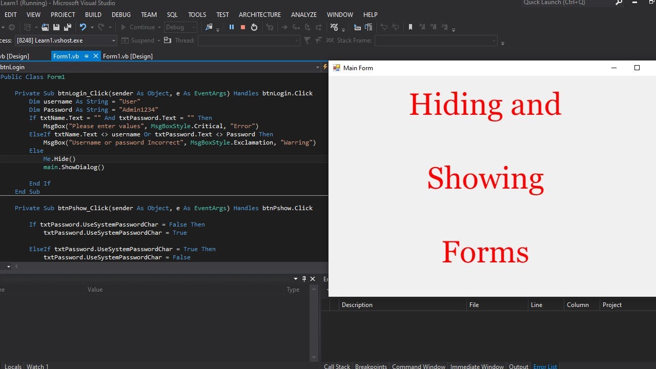 Visual Basic Tutorial 3 Hiding And Showing Windows Forms Code