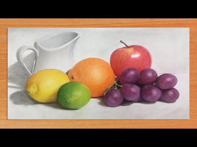 Still Life Drawing Of Fruits In Colour