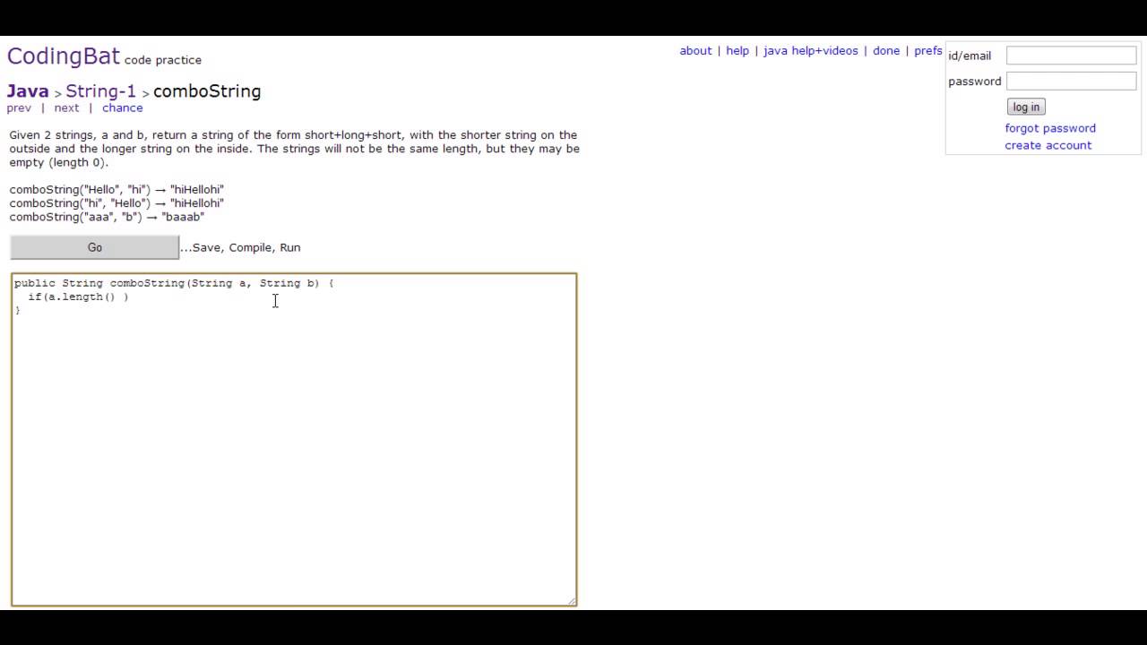 Coding Bat Java String Tutorial Combostring Youtube