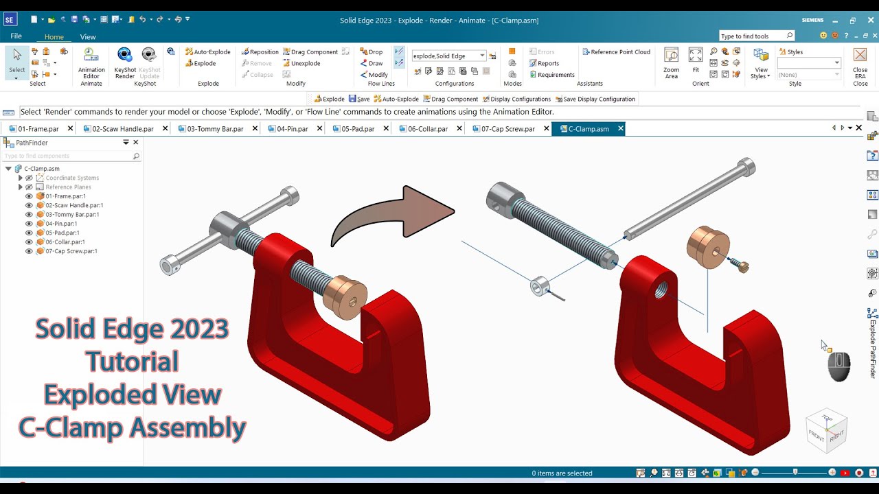 Solid Edge 2023 Tutorial Exploded View C Clamp Assembly Youtube