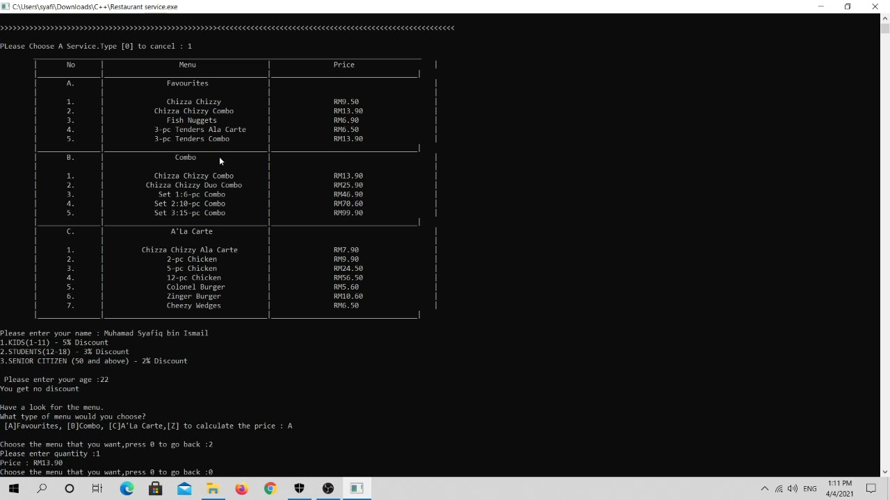 Food Ordering System C Programming Youtube