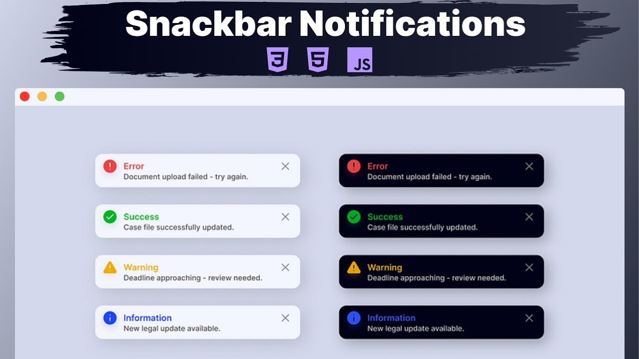 Build A Snackbar Toast Notifications Html Css Javascript Beginner