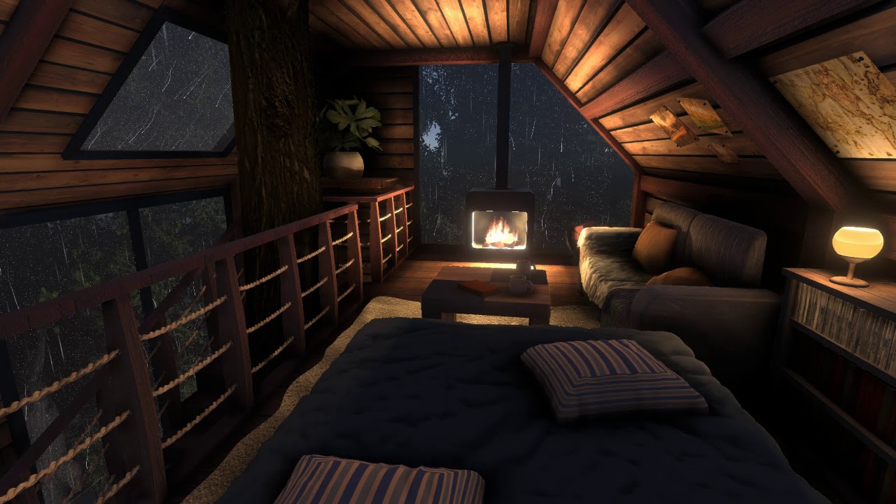 Cozy Treehouse With Rain Fireplace Sounds To Sleep Relax Study