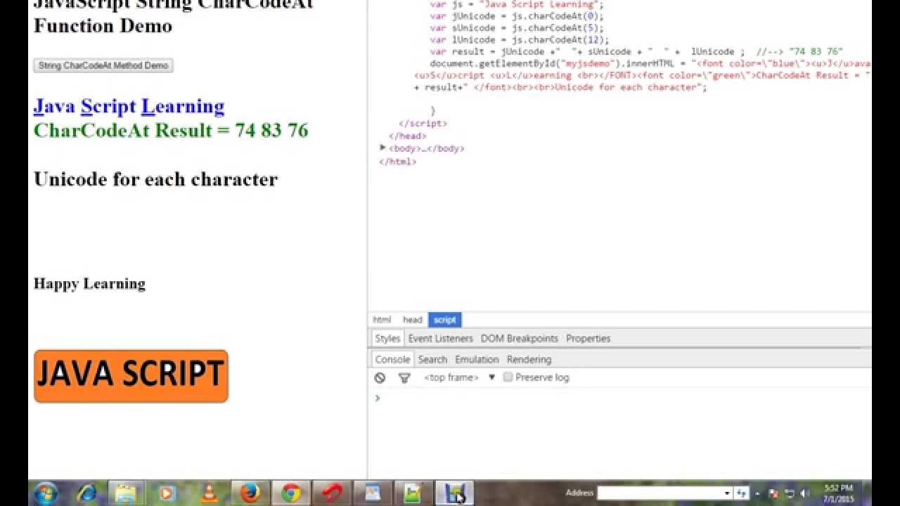 Strings Charcodeat Method Javascript Demo Youtube
