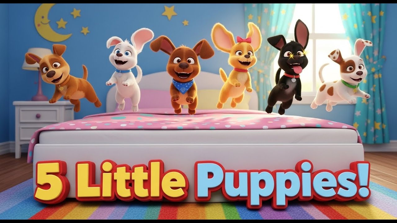 Five Little Puppies Jumping On The Bed рџђ Nursery Rhyme For Kids