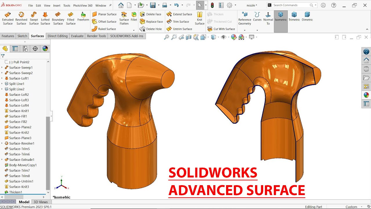 Solidworks Advanced Surface Tutorial Nozzle Modelling Youtube