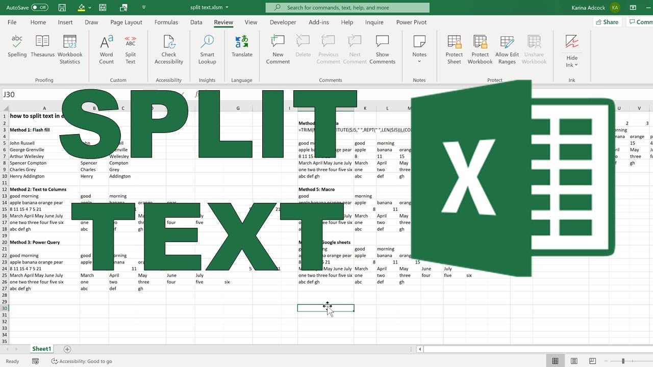 How To Split Text In Excel 7 Methods Youtube