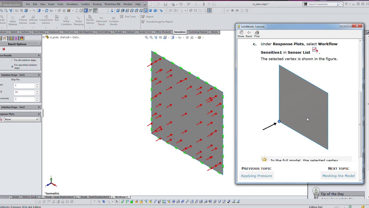Solidworks S 2 Geometrically Nonlinear Analysis Of A Plate Youtube