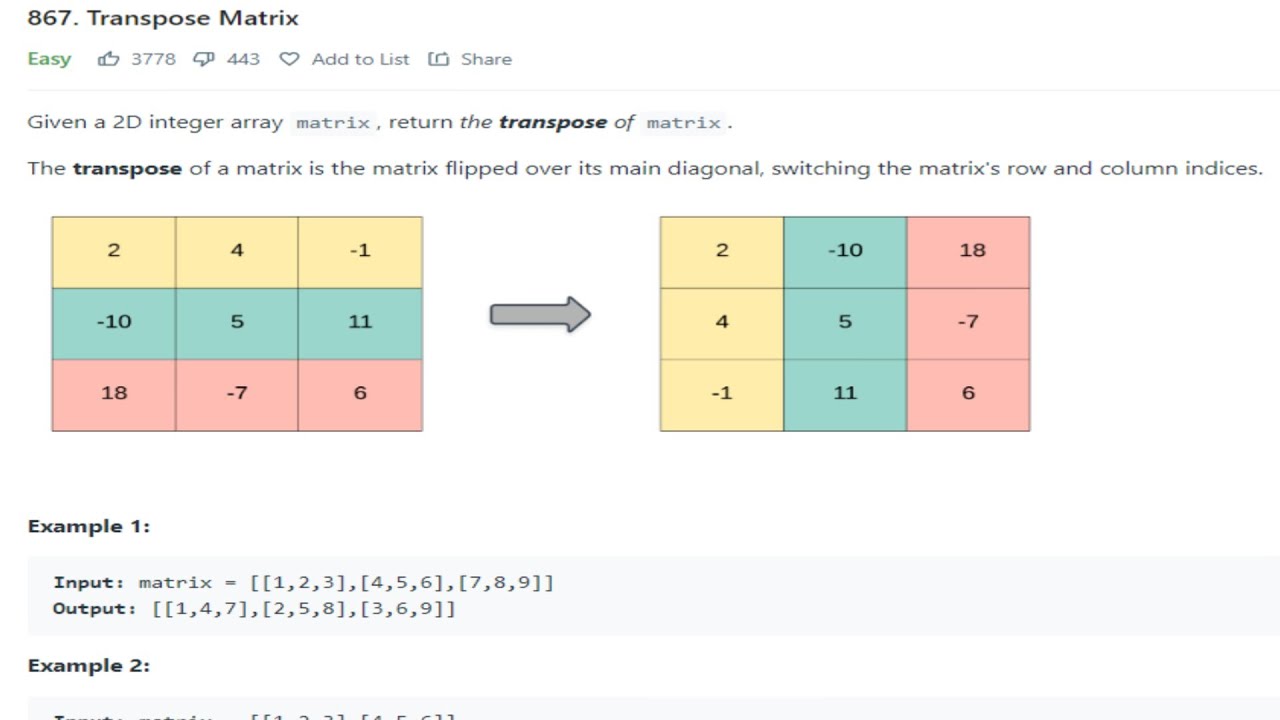 Transpose Matrix Leetcode Leetcode 867 Transpose Matrix Problem