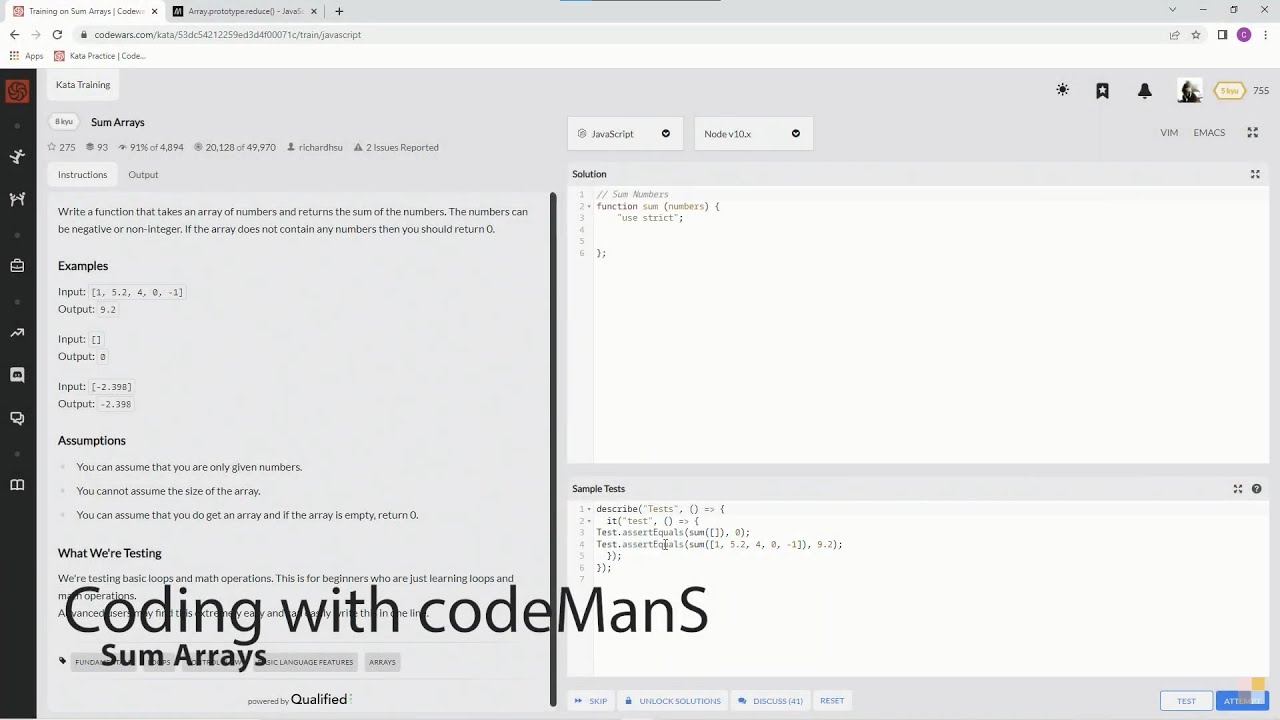 Codewars 8 Kyu Sum Arrays Javascript Youtube