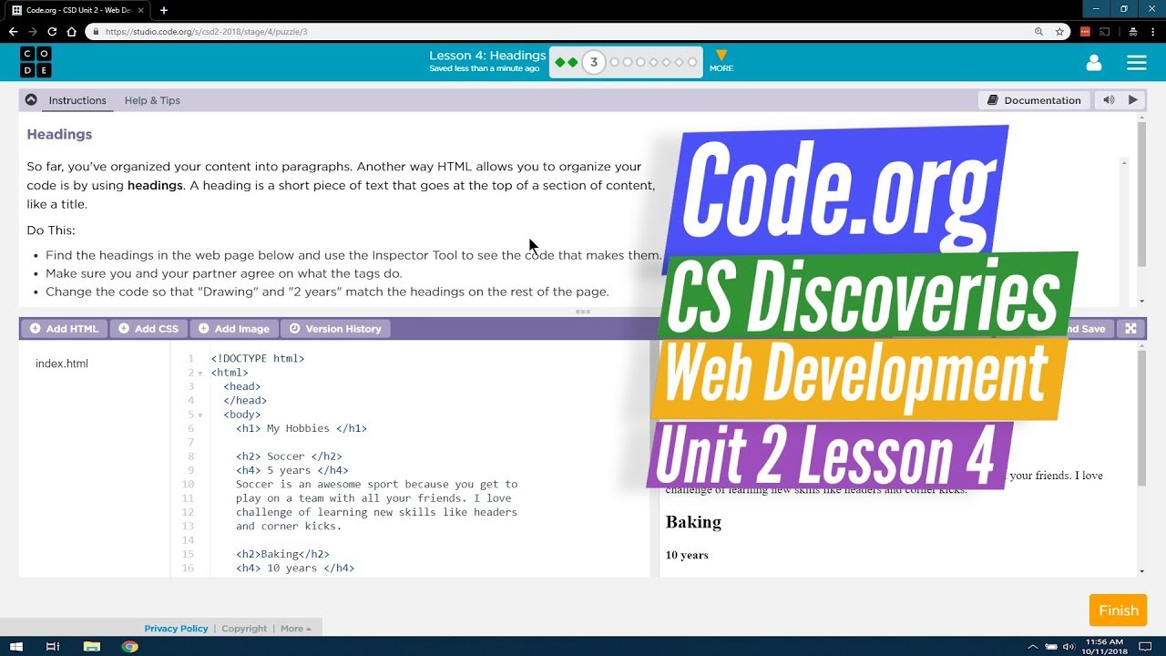Headings Lesson 4 3 Tutorial With Answers Code Org Web Development
