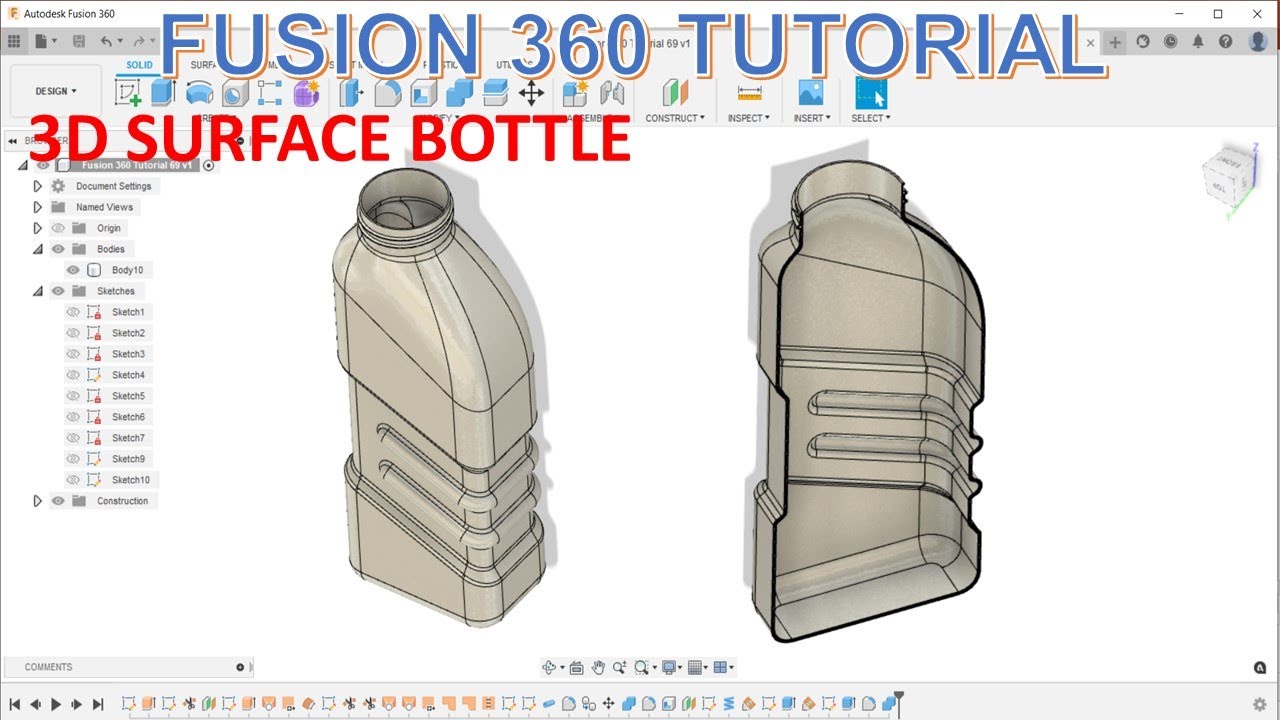 Fusion 360 Tutorial 69 3d Model Surface Bottle Design Youtube