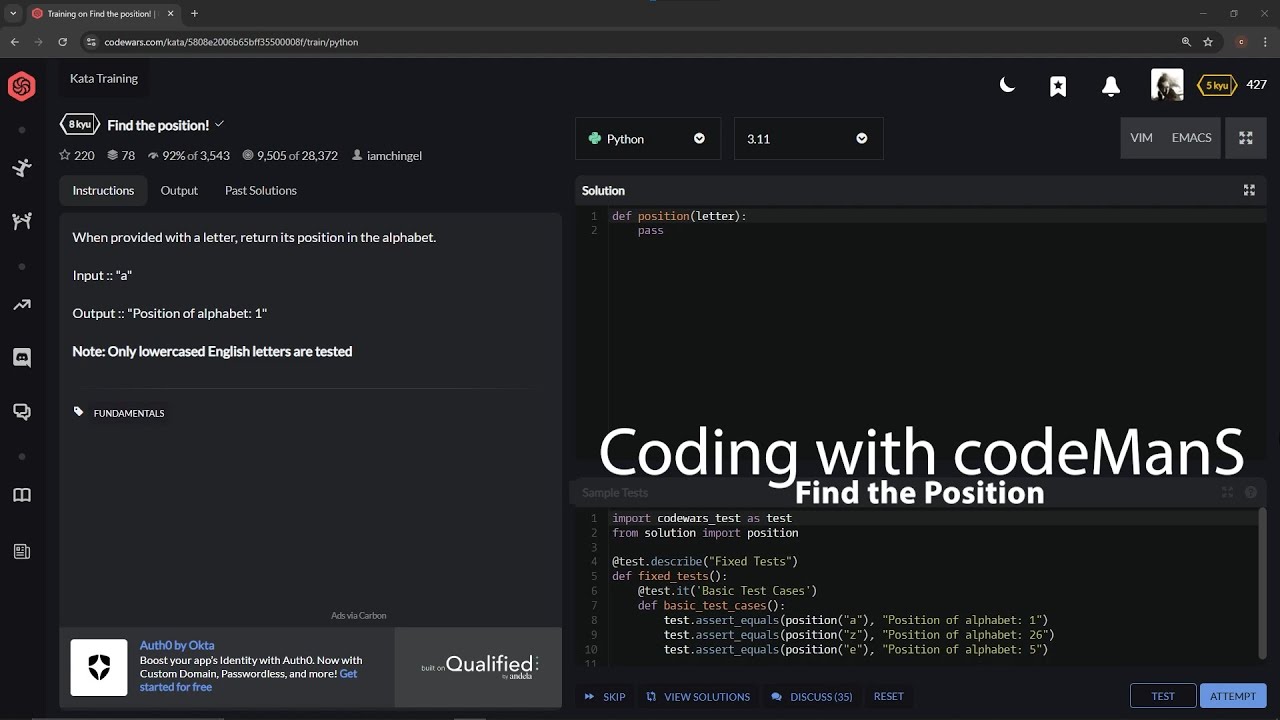 Codewars Python 8 Kyu Find The Position Youtube