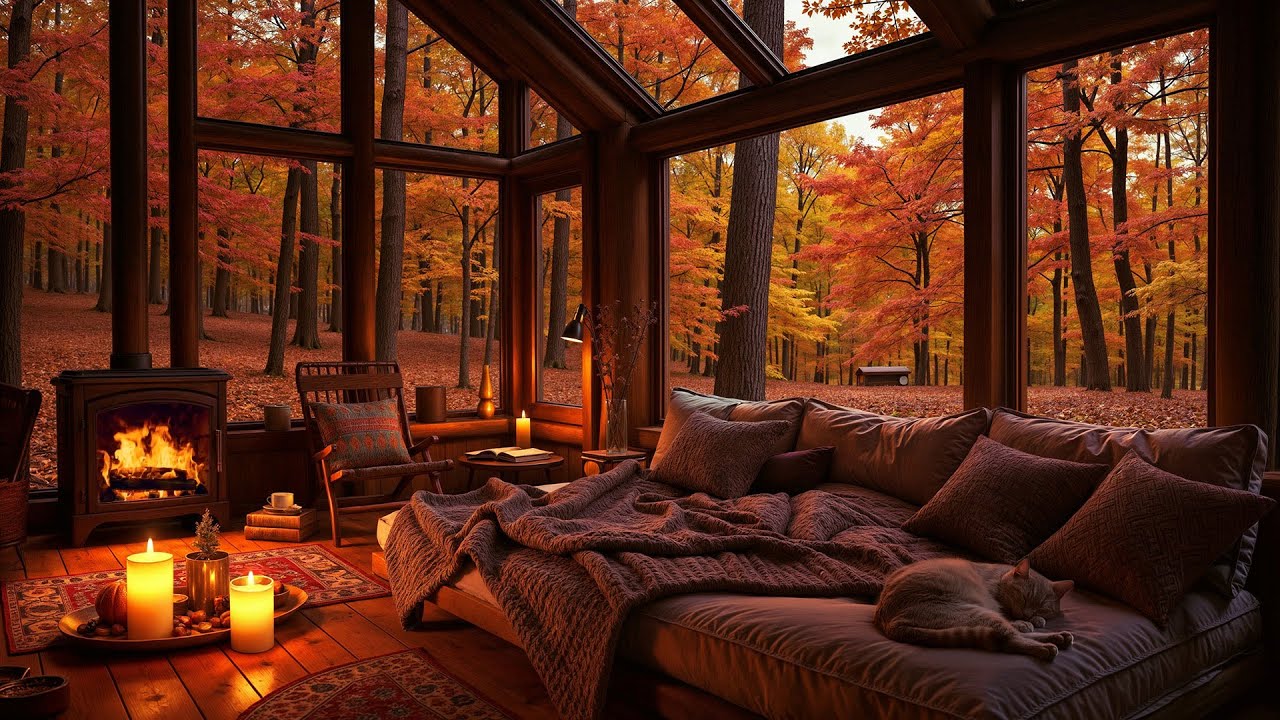 Cozy Autumn Cabin Ambience In The Woods рџќ Jazz Music Fireplace Sounds