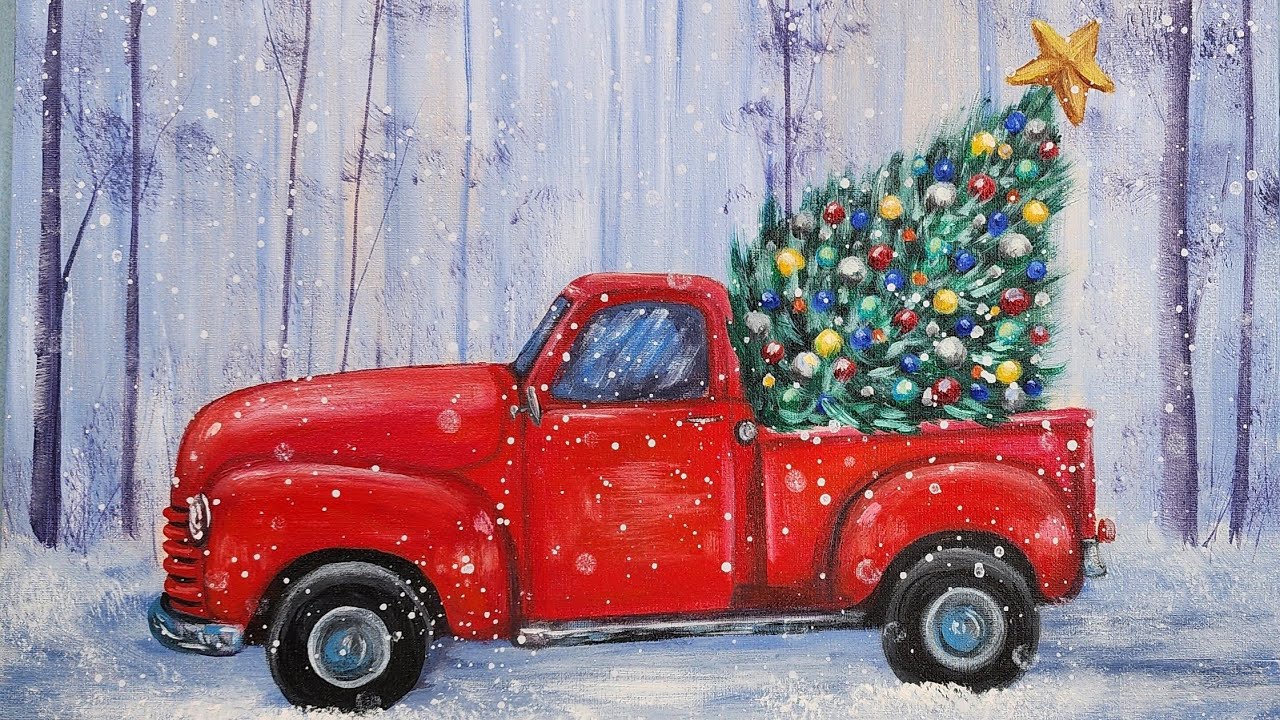 Red Truck With Christmas Tree Acrylic Painting Live Tutorial Youtube