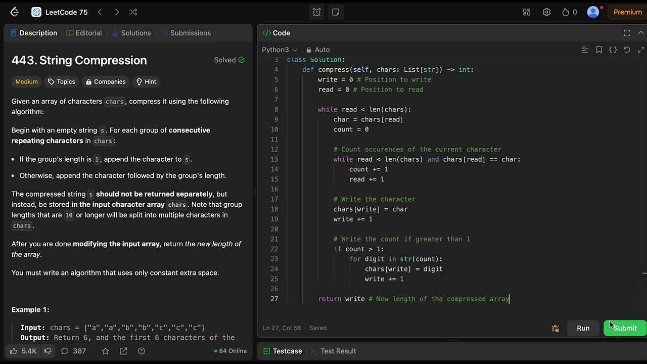 Leetcode 75 String Compression 9 Of 75 Python Leetcode Solution