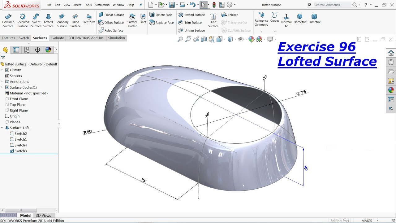 Solidworks Tutorial For Beginners Exercise 96 Lofted Surface Youtube