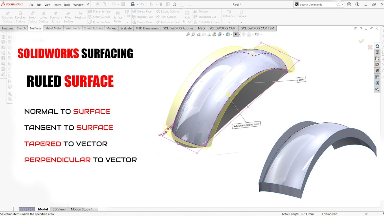 Solidworks Surfacing Ruled Surface Youtube